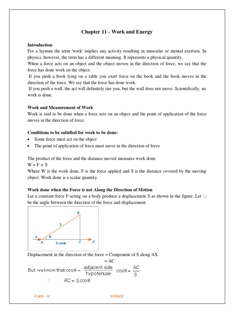 Chapter 11 - Work and Energy Revision Notes PDF | PDF | Potential ...