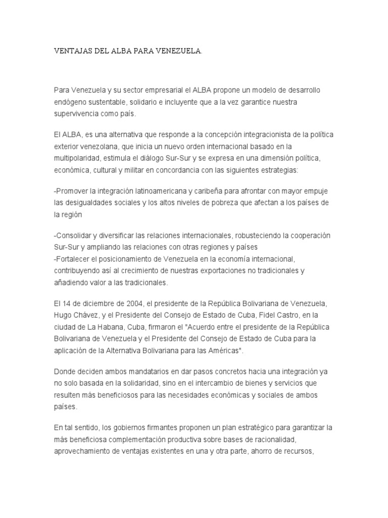 Ventajas Del Alba para Venezuela | PDF | Agricultura | Venezuela
