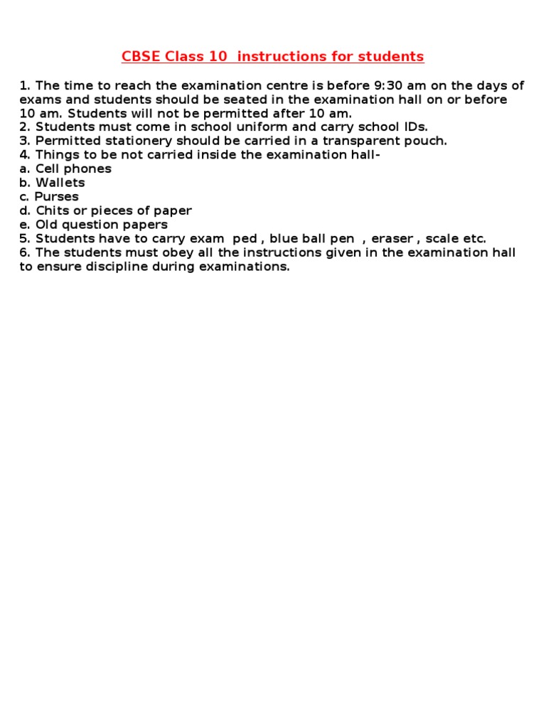 CBSE Class 10 exam instructions for students | PDF