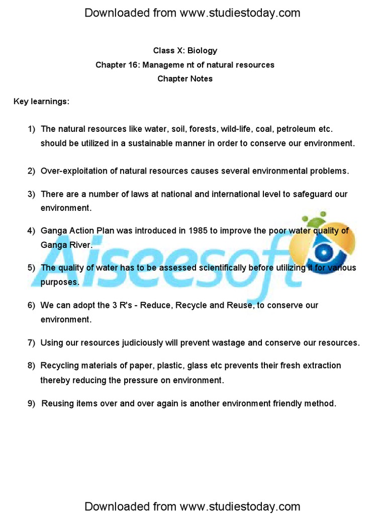 CBSE Class 10 Biology Management of Natural Resources Notes | PDF ...