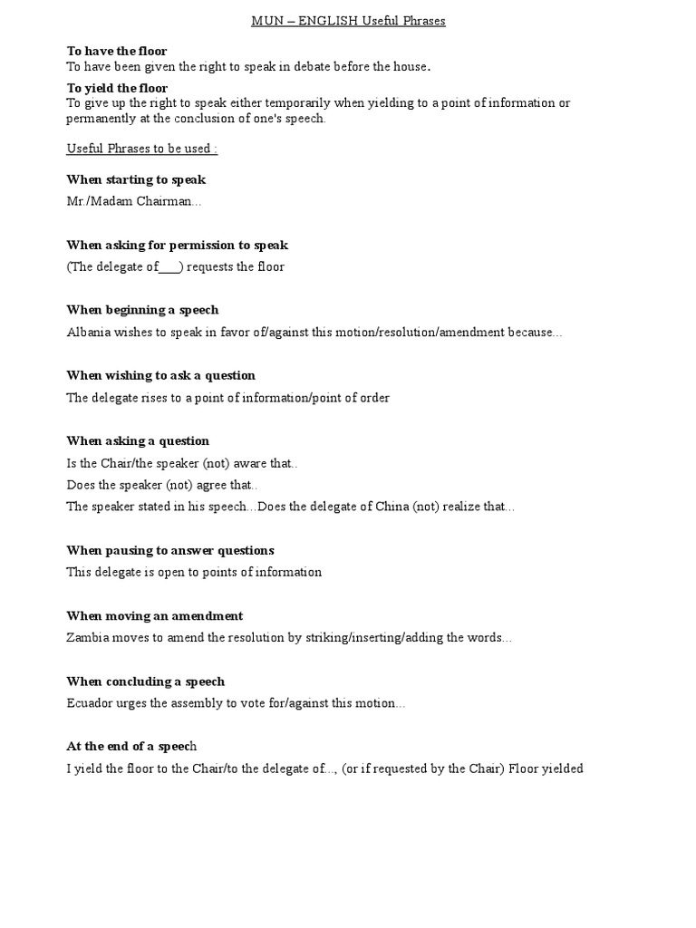 MUN Useful Phrases | PDF | Government