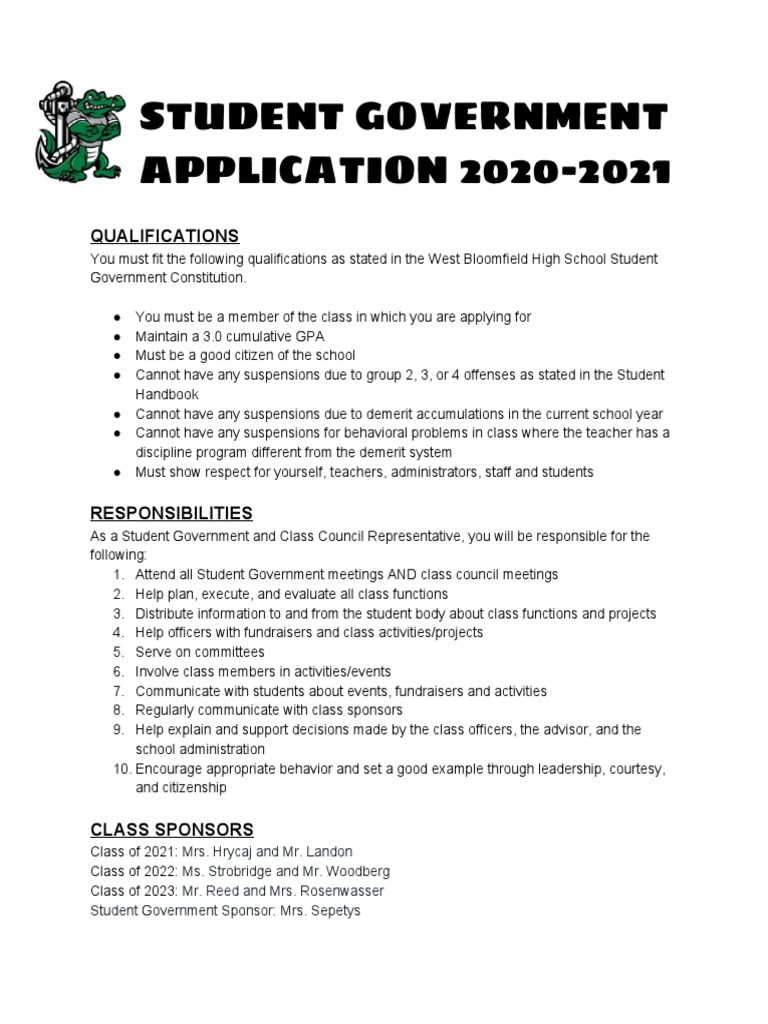 Student Government APPLICATION 2020-2021: Qualifications | PDF ...