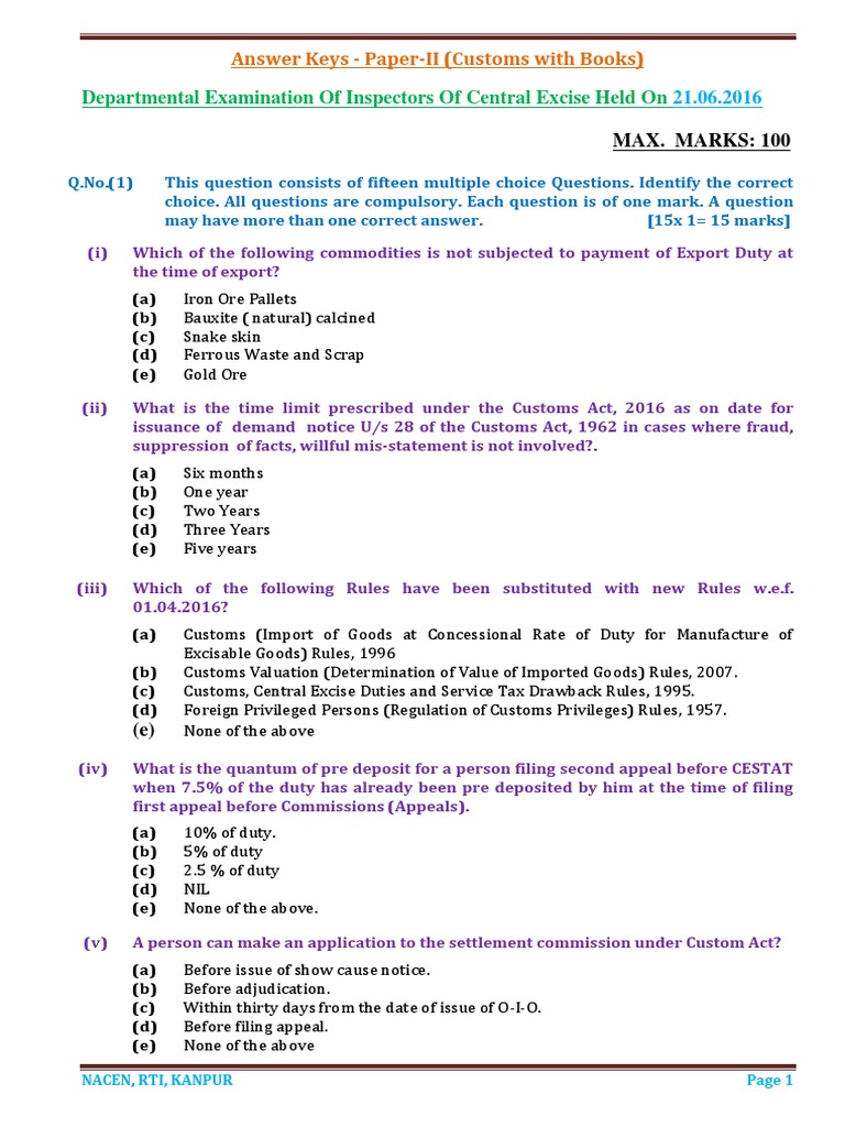 Customs Exam Questions and Answers 2016 | PDF | Customs | Dumping ...