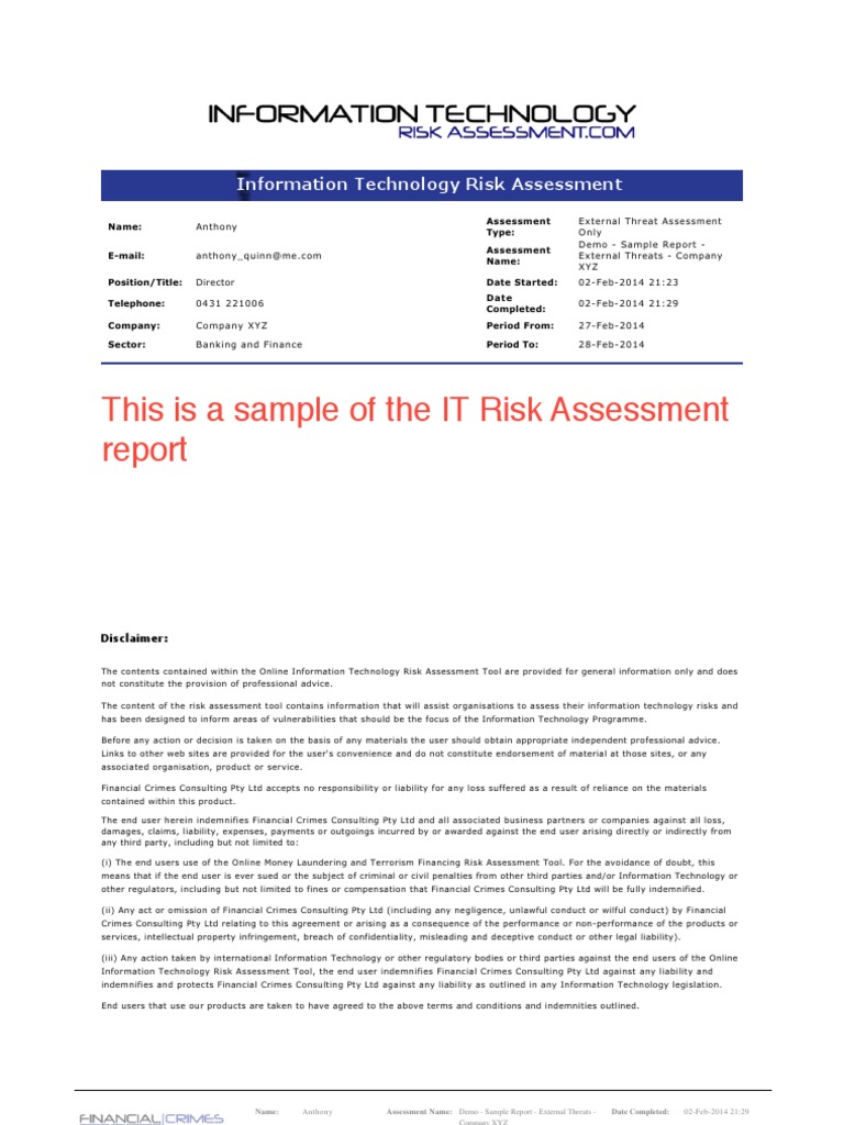 IT Risk Assessment Sample Report | PDF | Risk Assessment | Risk