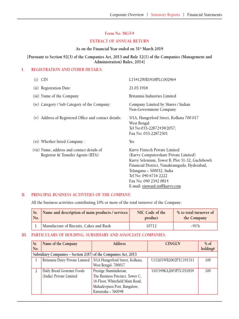 Form No. MGT-9 Extract of Annual Return: Statutory Reports | Download ...