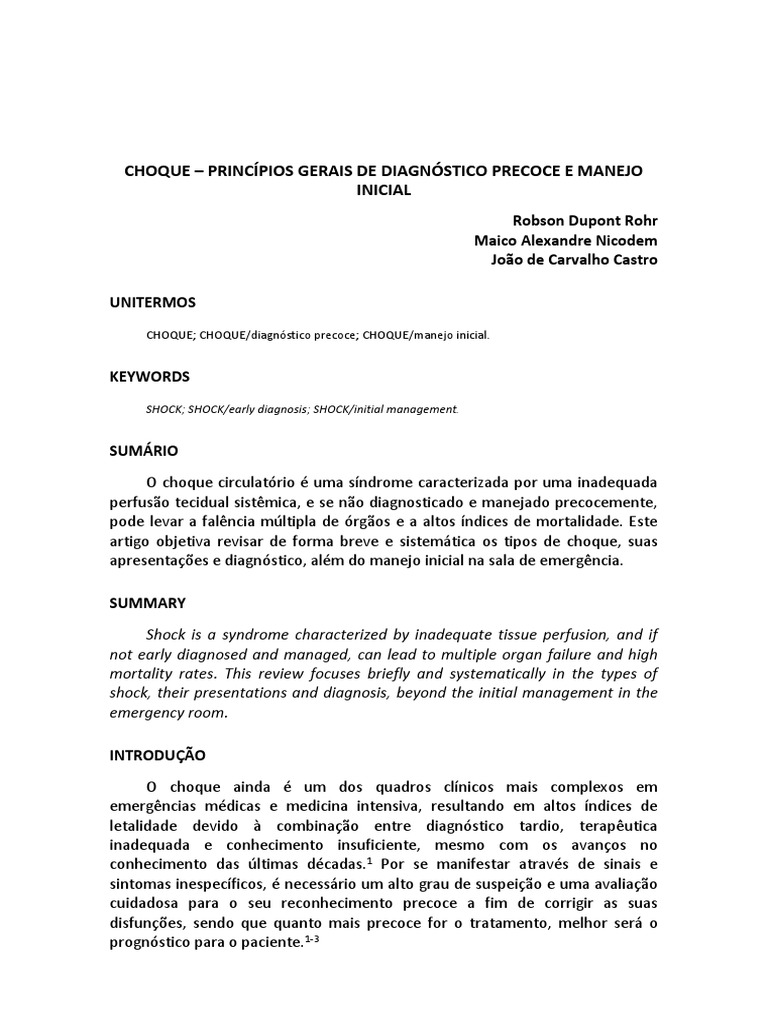 Choque Principios Gerais de Diagnostico Precoce e Manejo Inicial | PDF ...