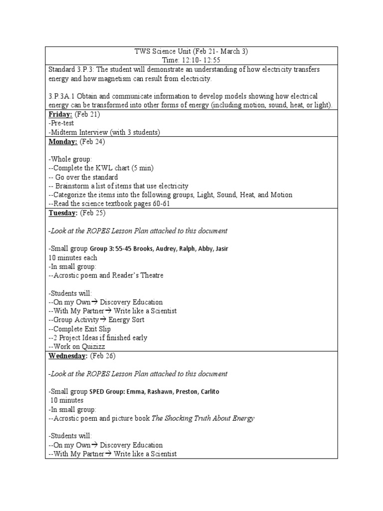 Tws Science Unit Lesson Plans | PDF | Teachers | Teaching
