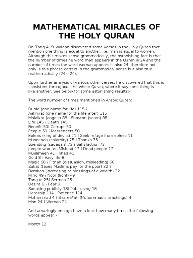 Mathematical Miracles of the Holy Quran | Quran | Prophets And ...