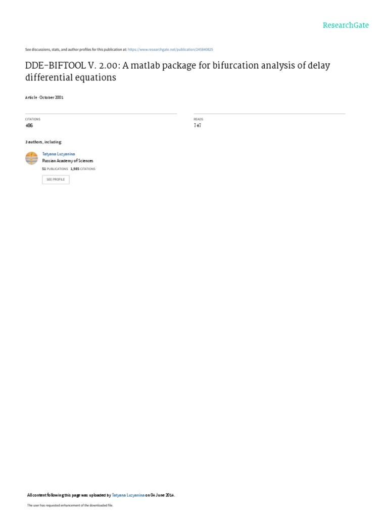 DDE-BIFTOOL V 2.0 A Matlab Package For Bifurcation Analysis of Delay Differential Equation | PDF ...