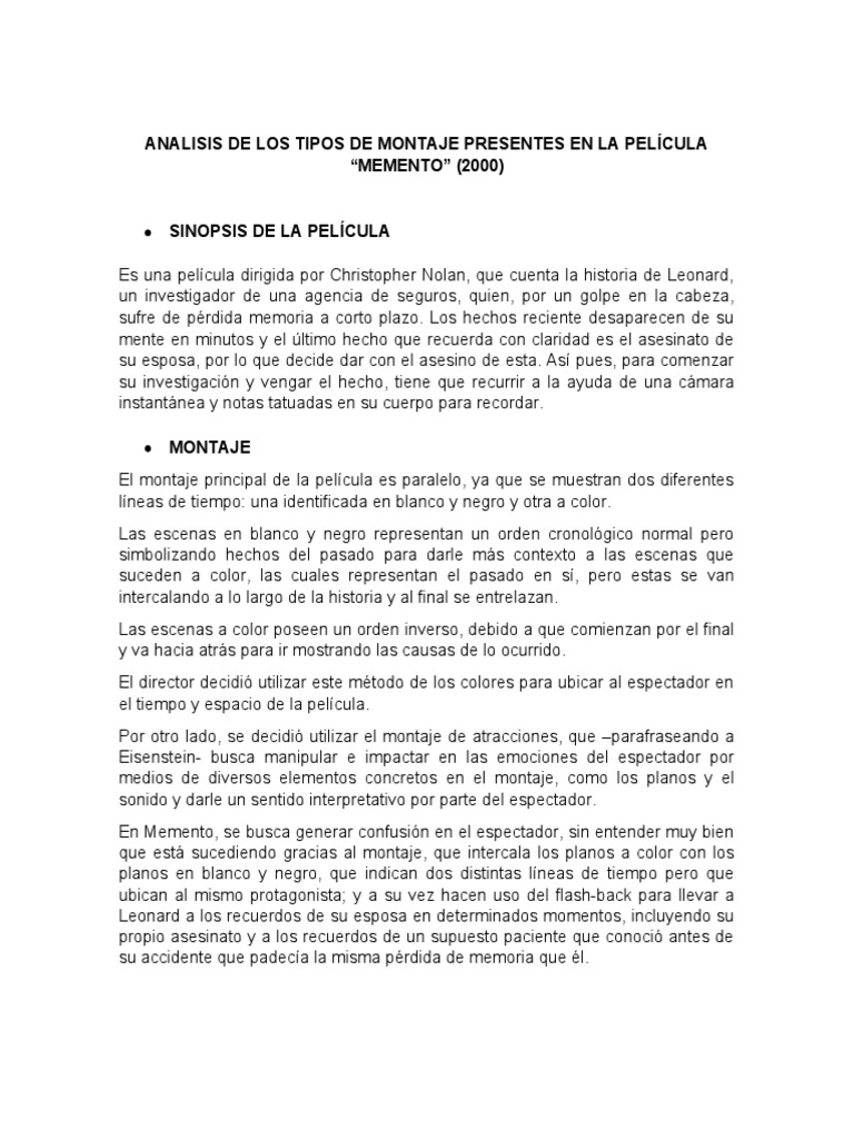 Análisis Del Montaje - Memento | PDF