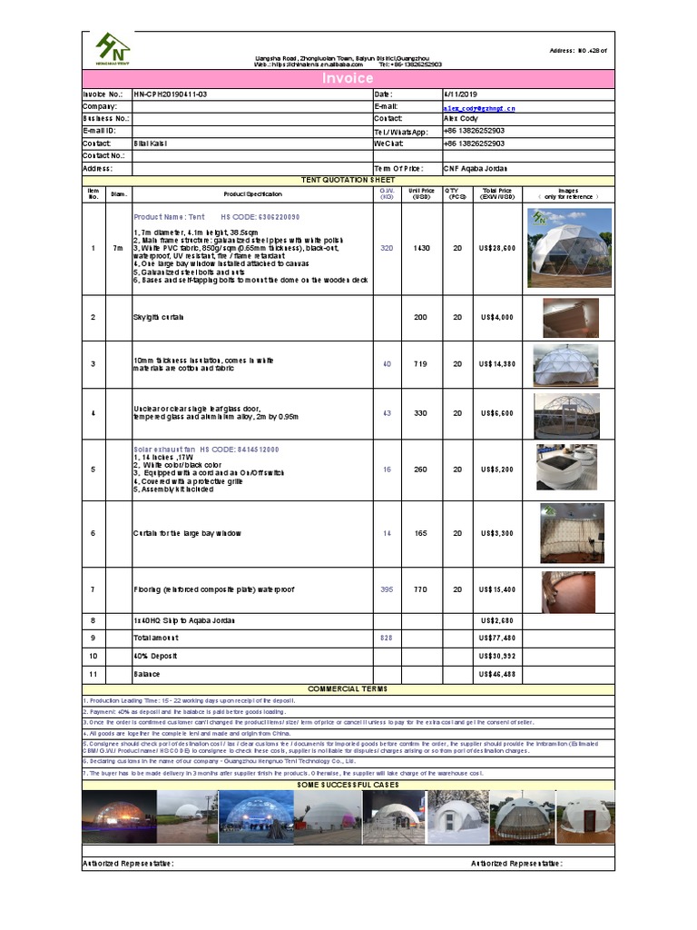 Invoice: Product Name: Tent HS CODE: 6306220090 | PDF | Tent | Receipt