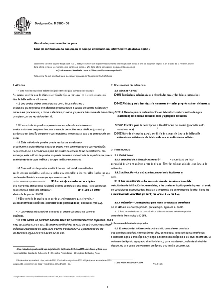 Astm D-3385 Infiltración Doble Anillo - En.español | PDF | Líquidos | Permeabilidad (Ciencias de ...