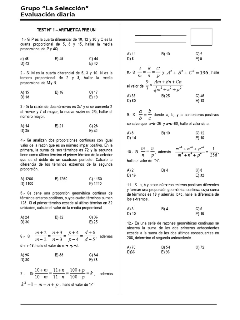 Test Aritmetica Sem 1 Razones | PDF | Enseñanza de matemática