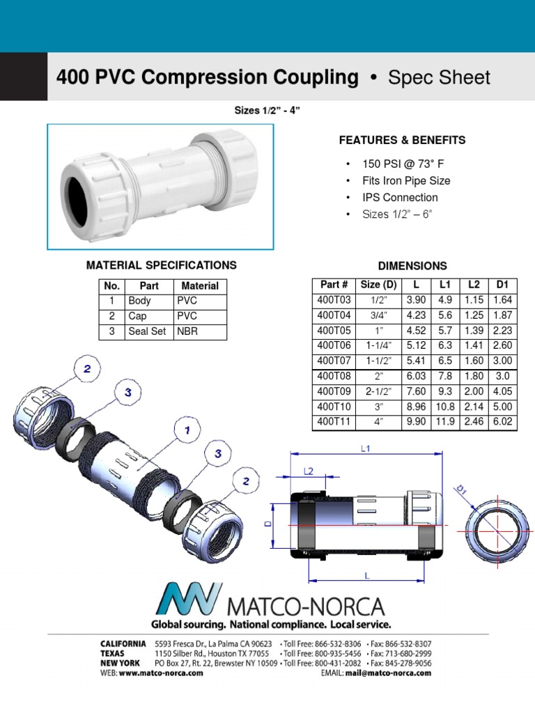 400 PVC Compression Coupling - Spec Sheet: Features & Benefits | PDF