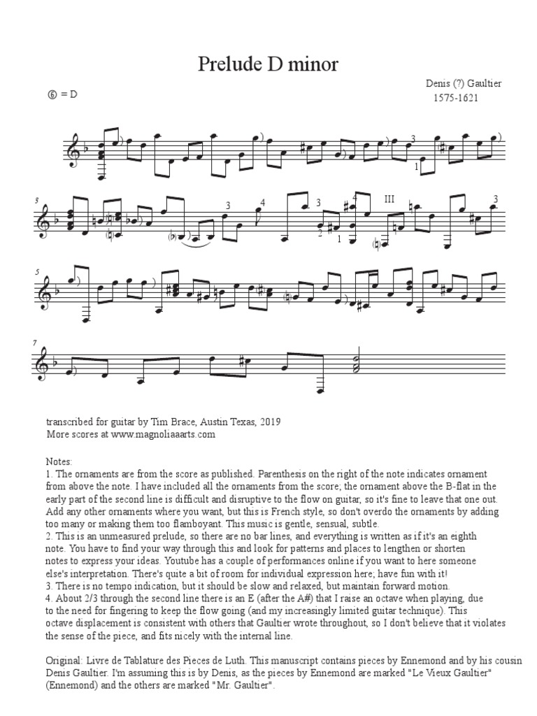 Denis Gaultier Prelude D Minor - Score | PDF | Musical Compositions