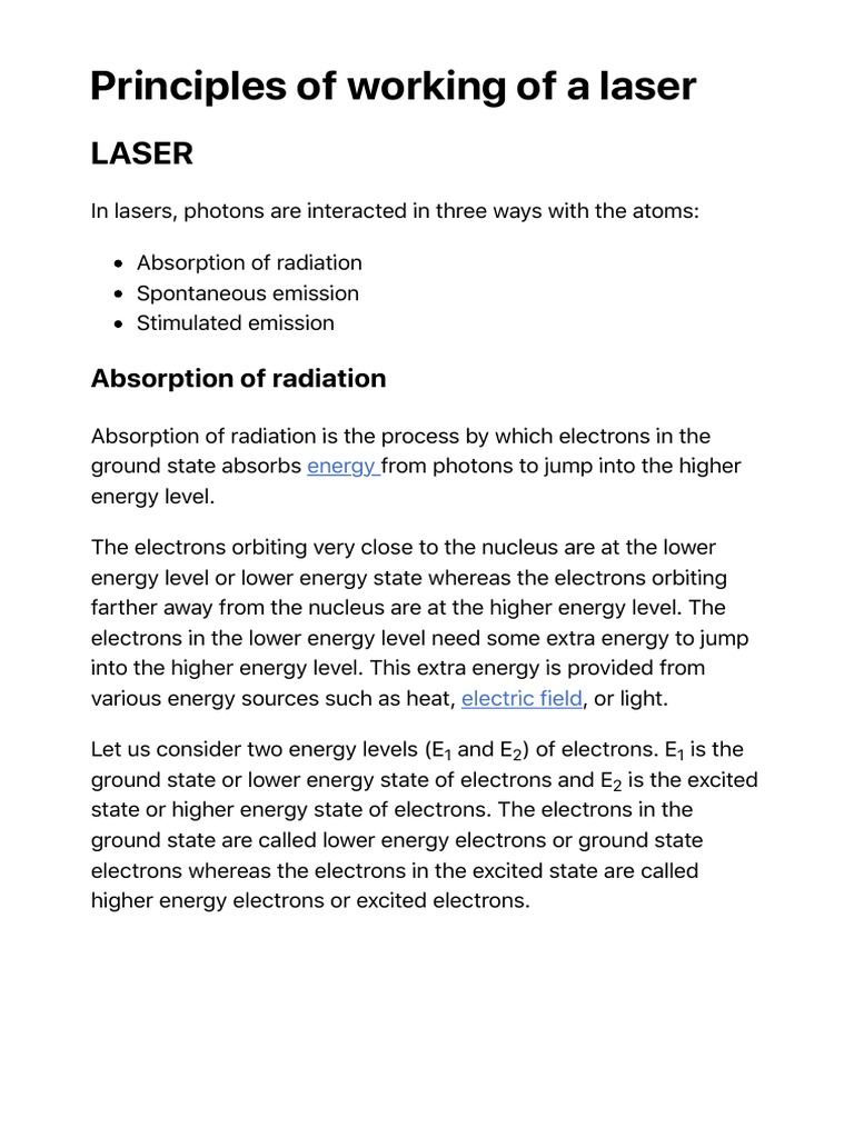 Principles of Working of A Laser | PDF | Energy Level | Emission Spectrum