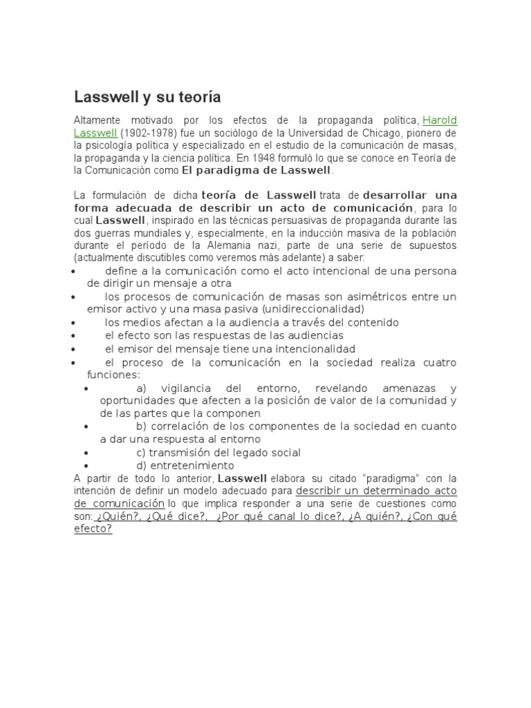 Paradigma de Lasswell: Teoría y Críticas | PDF | Propaganda | Medios de ...