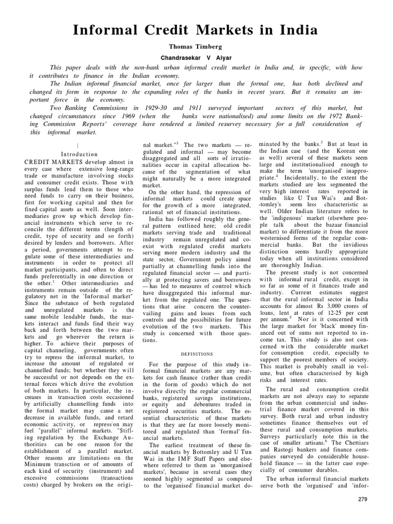 Informal Credit Markets in India: Thomas Timberg | PDF | Banks | Interest