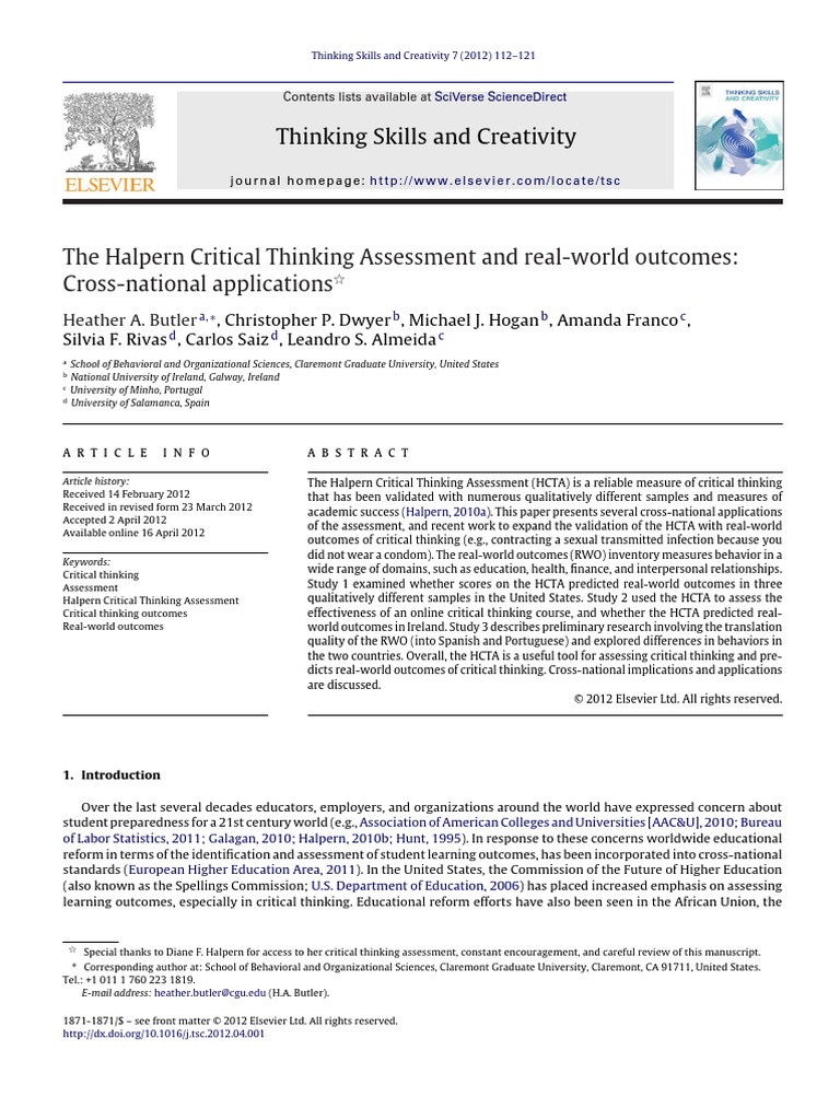 The Halpern Critical Thinking Assessment PDF | PDF | Critical Thinking | Validity (Statistics)