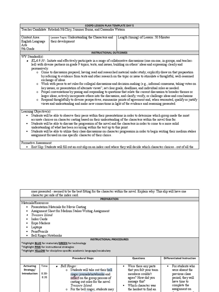 Lesson Topic:: Coepd Lesson Plan Template Day 5 | PDF | Differentiated ...