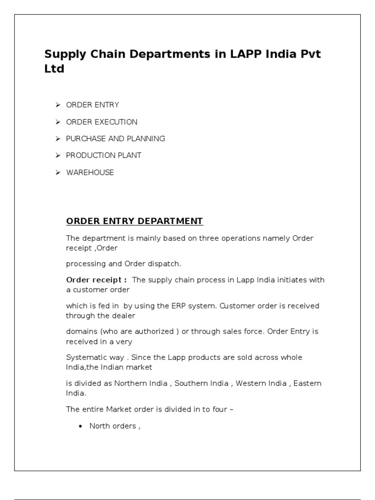 Supply Chain Departments in LAPP India PVT LTD: Order Entry Department ...