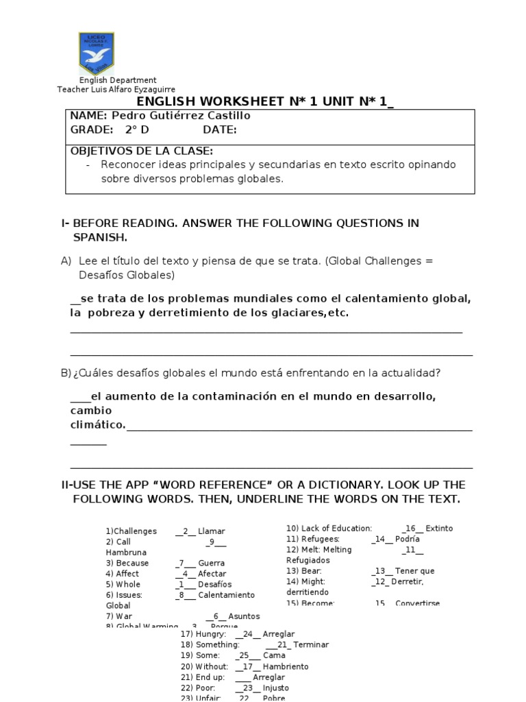 Global Issues English Worksheet | PDF
