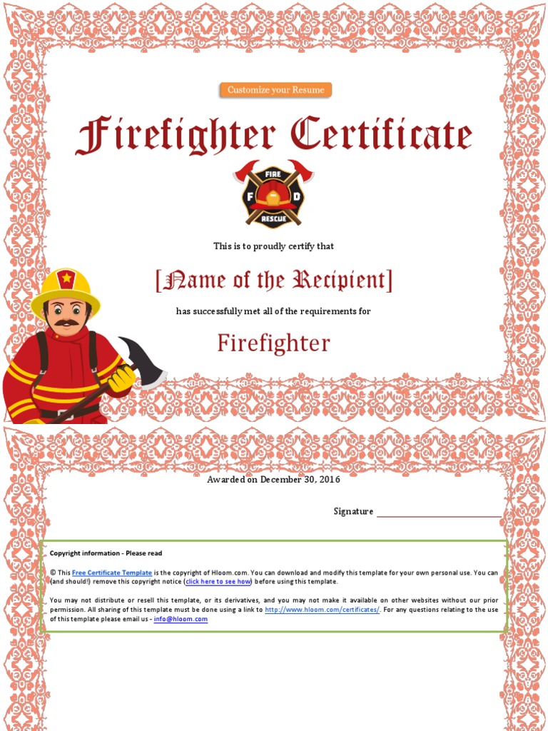 Firefighter Certificate Templates And Templates