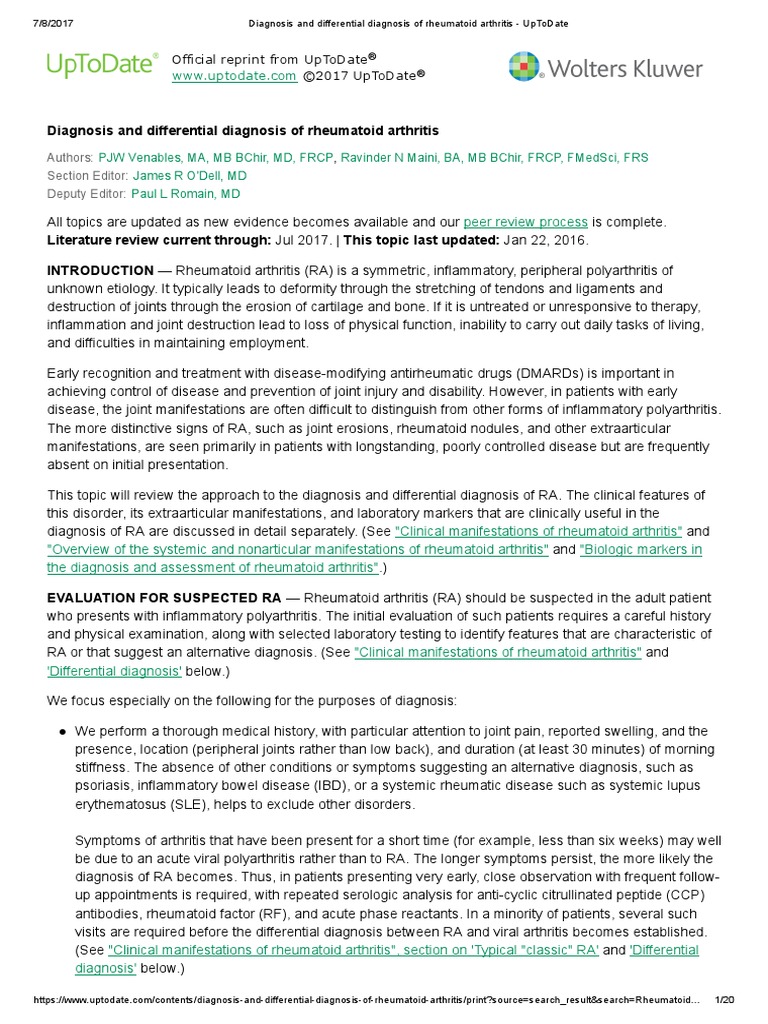 Diagnosis and Differential Diagnosis of Rheumatoid Arthritis - UpToDate ...
