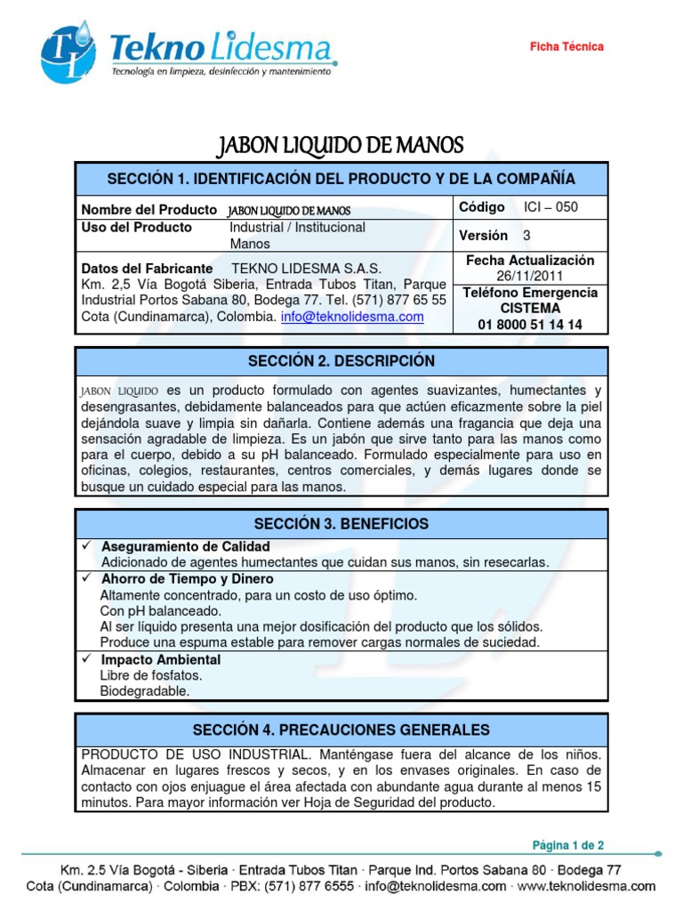Ficha Tecnica Jabon Liquido Tekno Lidesma PDF | PDF | Química | Naturaleza