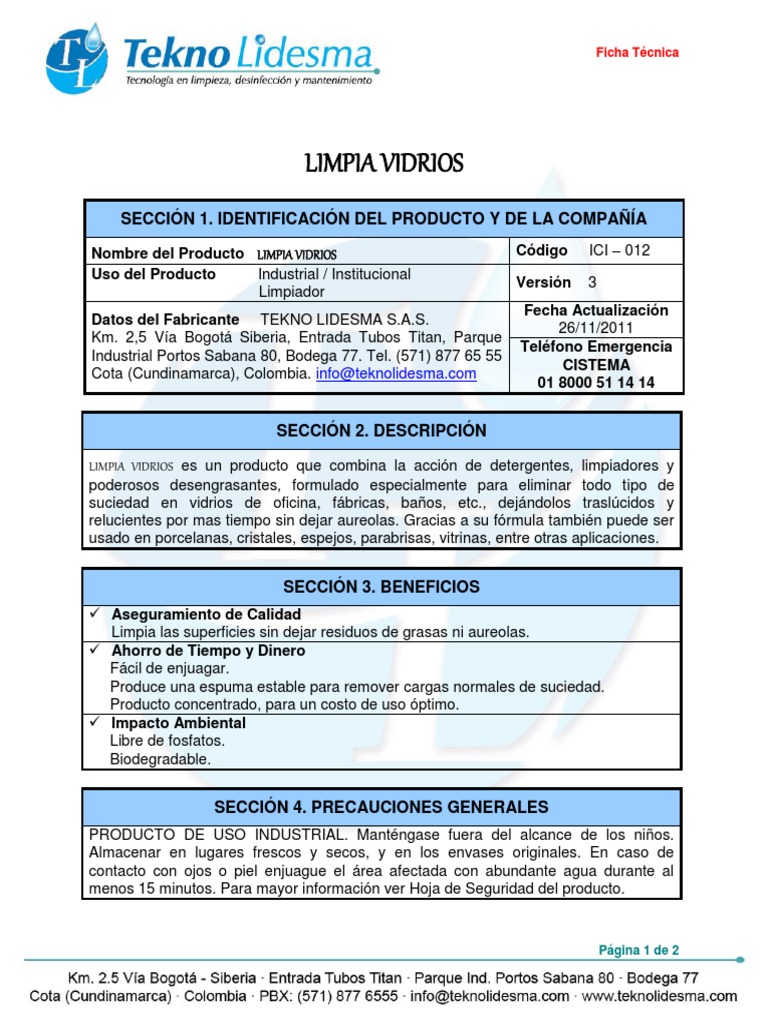 Ficha Tecnica Limpia Vidrios Tekno Lidesma PDF | PDF | Química | Naturaleza