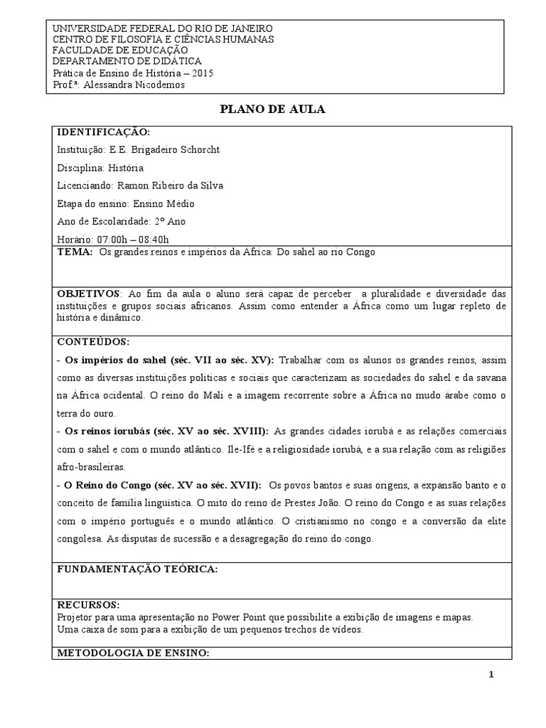 Plano de aula sobre os grandes reinos e impérios da África: Do sahel ao rio Congo | PDF ...