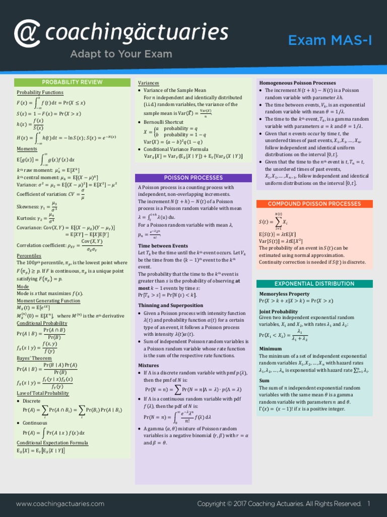 Mas-I Formula Sheet PDF | PDF | Variance | Probability Theory