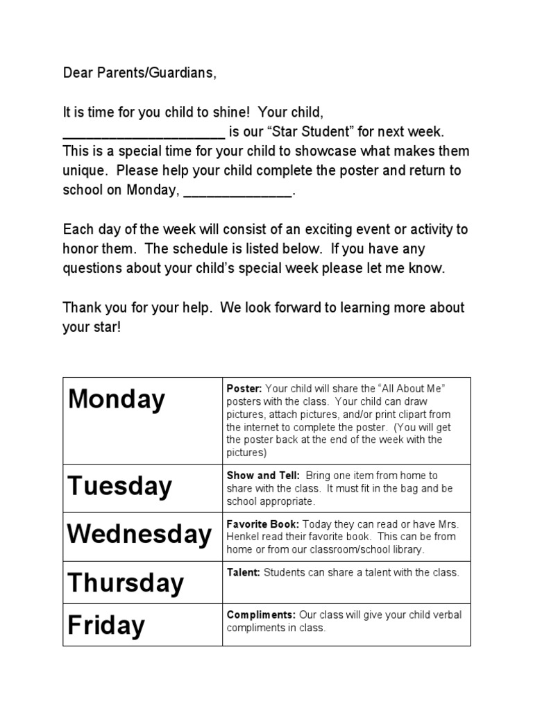 Star Student Weekly Activities Letter | PDF | Wellness
