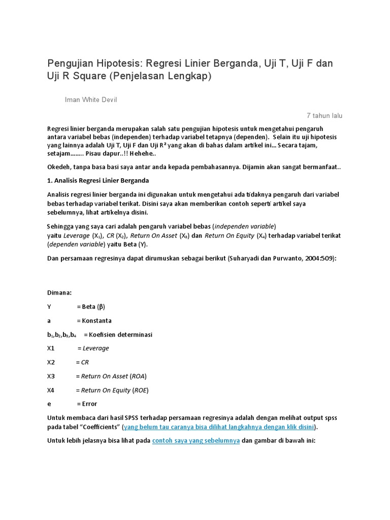 Pengujian Hipotesis: Regresi Linier Berganda, Uji T, Uji F Dan Uji R ...