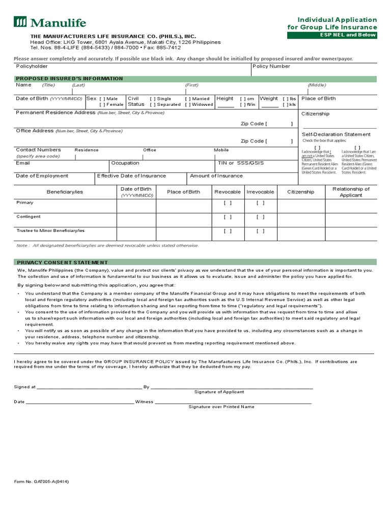 Manulife Individual Application Form | PDF | Life Insurance | Insurance