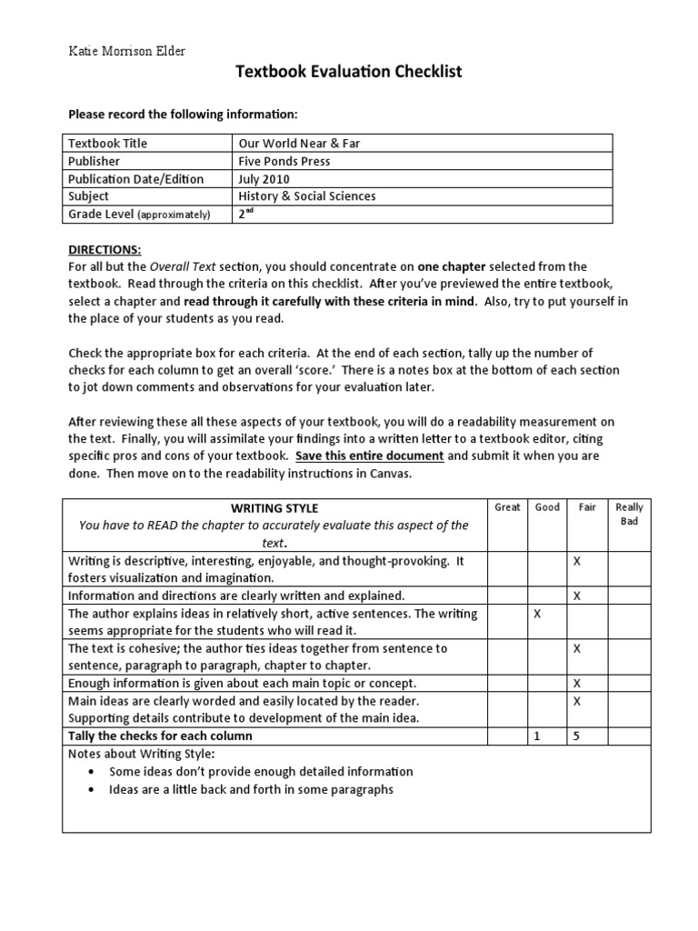 Textbook Evaluation Checklist for "Our World Near & Far" | PDF ...