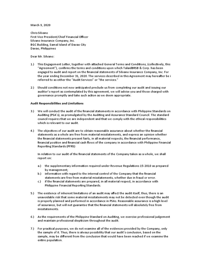Audit Engagement Letter | PDF | Internal Control | Going Concern