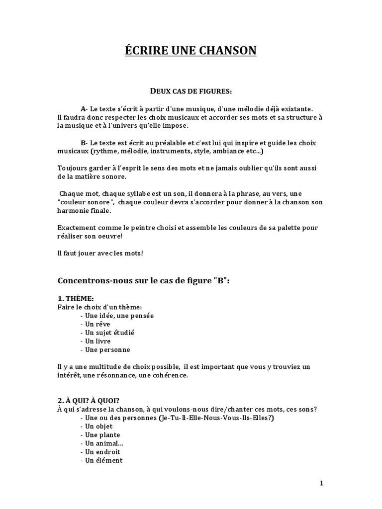 Fiches Pedagogiques Ecrire Une Chanson PDF | PDF | Francophone Music