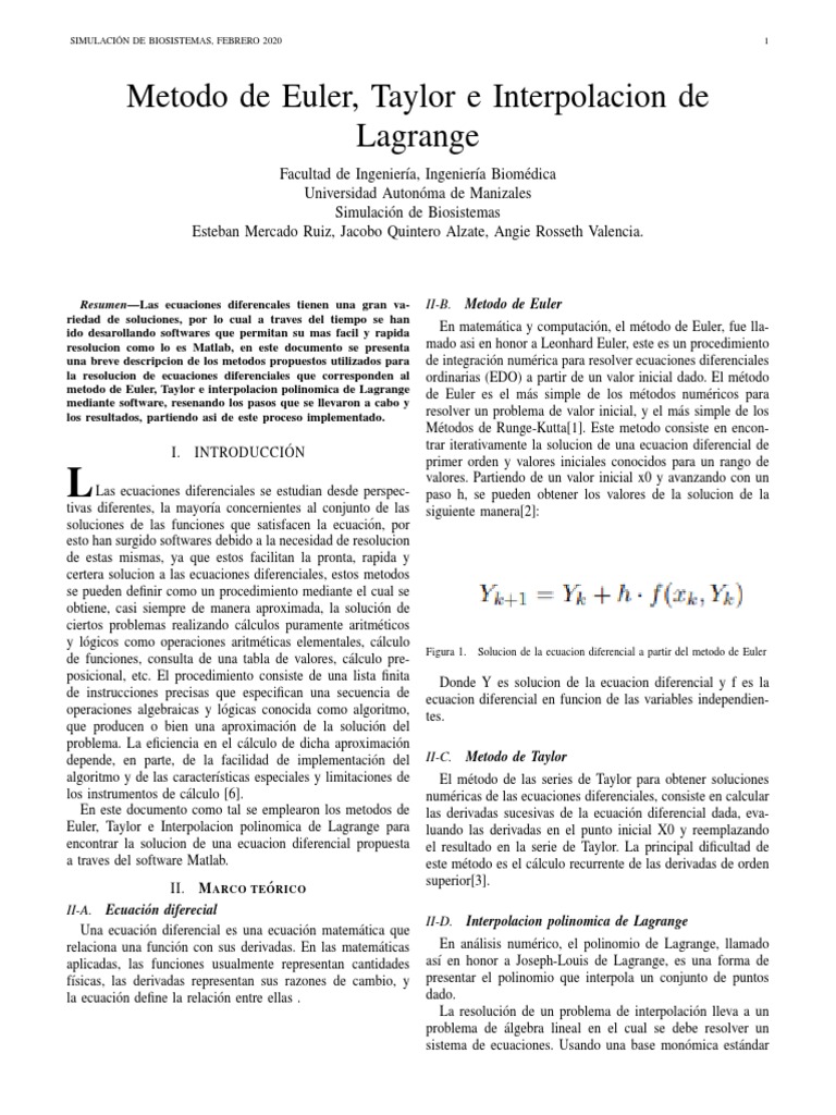 Interpolacion Polinomica de Lagrange en Matlab | PDF | Ecuaciones diferenciales | Ecuaciones