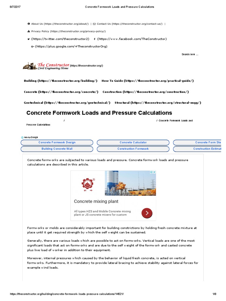 Concrete Formwork Loads and Pressure Calculations PDF | PDF | Concrete ...
