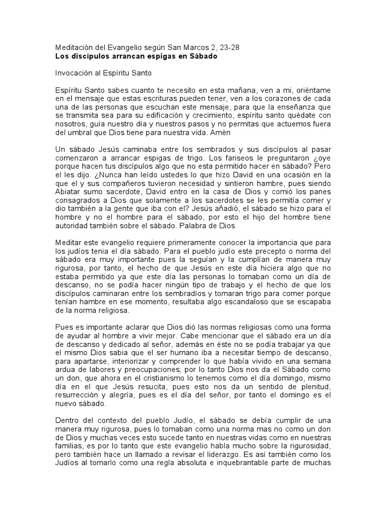 Meditación Del Evangelio Marcos 2, 23-28 | PDF | Jesús | Liderazgo