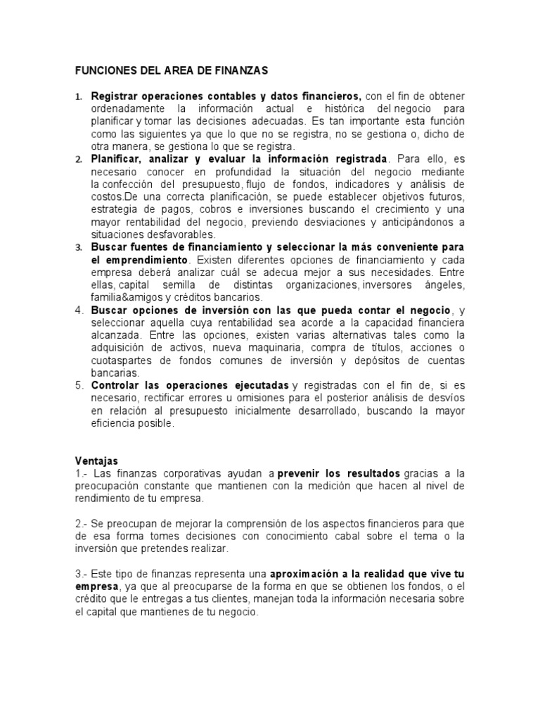 Funciones Del Area de Finanzas | PDF | Presupuesto | Planificación