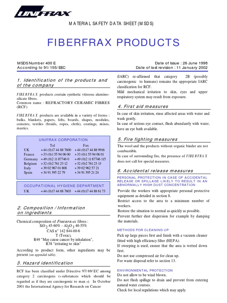 Fiberfrax MSDS PDF | PDF | Occupational Hygiene | Dust
