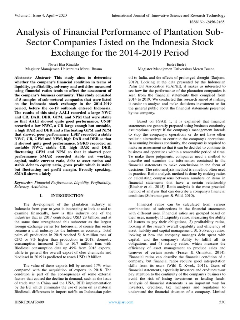Analysis of Financial Performance of Plantation SubSector Companies ...