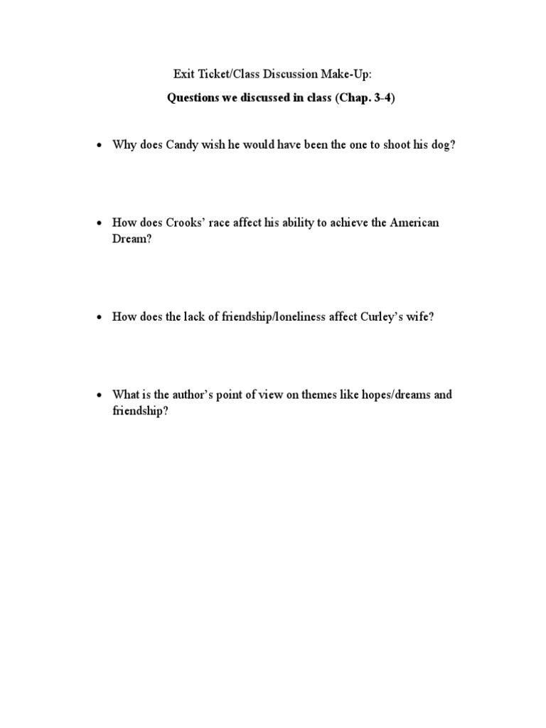 Of Mice and Men Discussion Questions - Chapter 5 | PDF | Language Arts ...