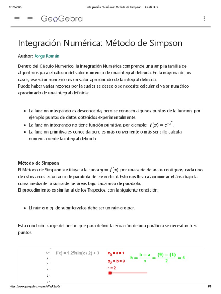 Integración Numérica - Método de Simpson - GeoGebra PDF | PDF | Integral | Análisis numérico