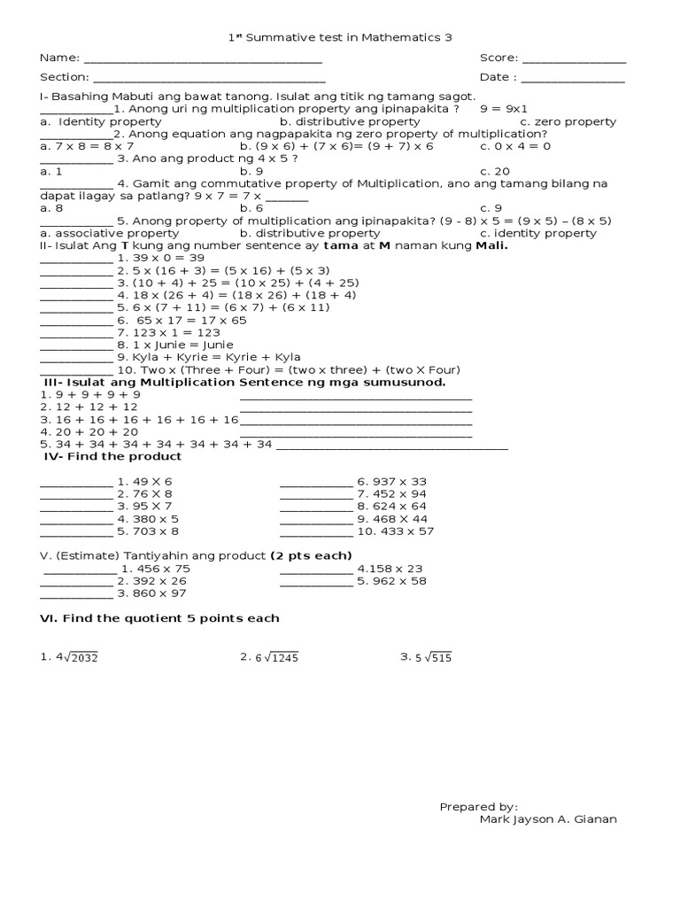 Grade 3 Math 1st Summative Test | PDF | Ring Theory | Logic