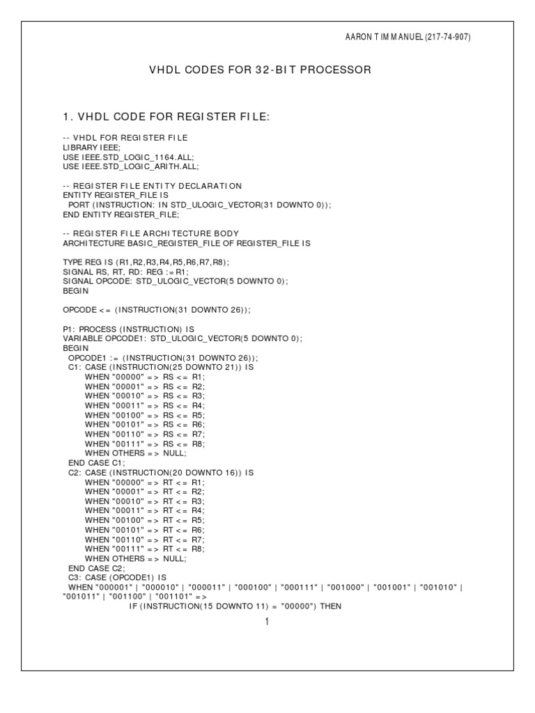 VHDL Codes For 32-Bit Processor: AARON T IMMANUEL (217-74-907) | PDF | Vhdl | Electronics