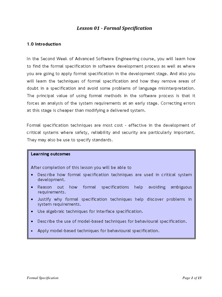 ASE Lesson1 Formal Specification PDF | PDF | Specification (Technical ...