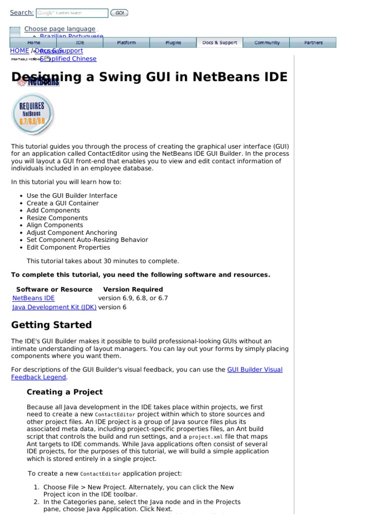 Designing A Swing Gui in Netbeans Ide: Getting Started | PDF | Net Beans | Applications & Software